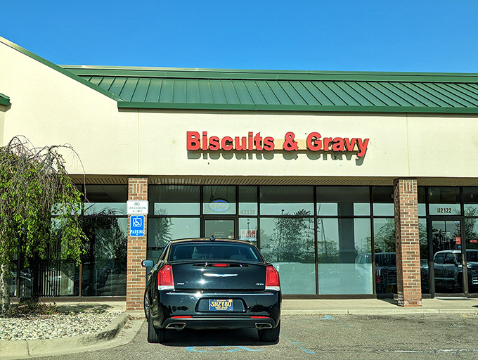 The unassuming storefront of Biscuits & Gravy in Canton beckons with its bold red lettering – like a breakfast beacon calling hungry souls home.
