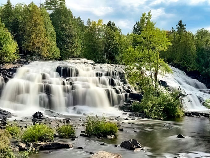 A mesmerizing cascade that spreads 100 feet wide across the Michigan wilderness, creating nature's perfect symphony of sight and sound.
