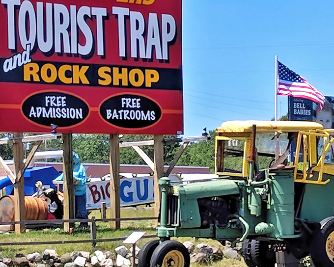 The iconic red sign promises "FREE ADMISSION" and "FREE BATHROOMS," setting the tone for the delightfully offbeat experience that awaits.