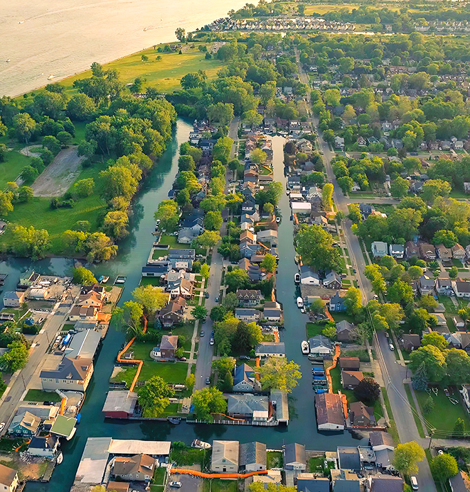 A breathtaking aerial view reveals Detroit's hidden Venice, where waterways replace streets and boats become the preferred neighborhood transportation.