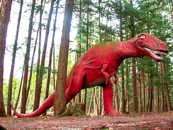 A fiery red T-Rex stands guard among towering pines, its toothy grin suggesting it might break into show tunes at any moment.
