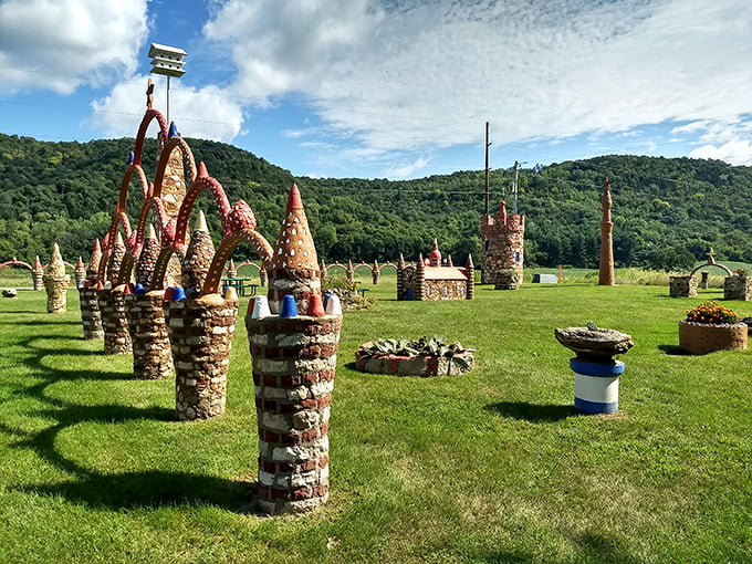 Stone towers rise like medieval fantasies against Wisconsin's rolling hills, their red-painted mortar creating a fairytale landscape that defies explanation.