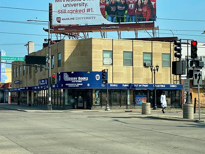 The iconic blue awning of Midway Books stands out on University Avenue, beckoning bibliophiles with promises of literary treasures within.