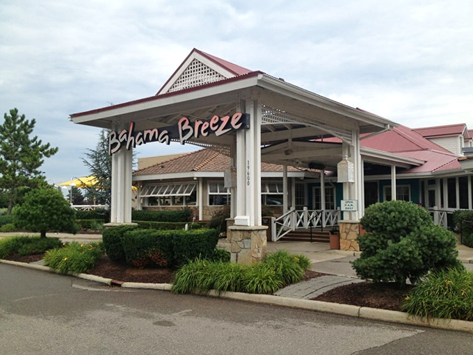 The welcoming entrance of Bahama Breeze stands like a tropical gateway, promising Caribbean escape in the heart of Livonia.