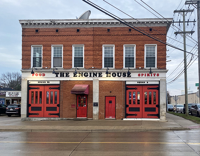 The iconic red doors of The Engine House stand ready to welcome hungry visitors, just as they once welcomed brave firefighters.