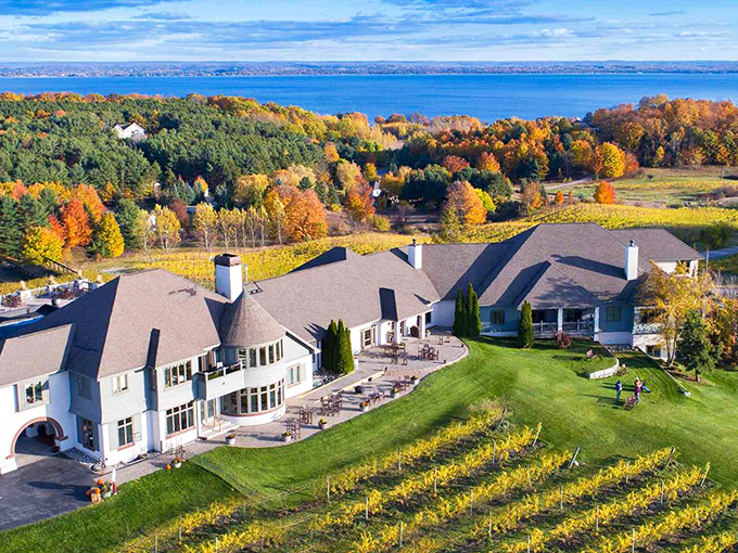 A majestic chateau crowns the hillside, surrounded by orderly vineyards that cascade toward the shimmering waters of Grand Traverse Bay.