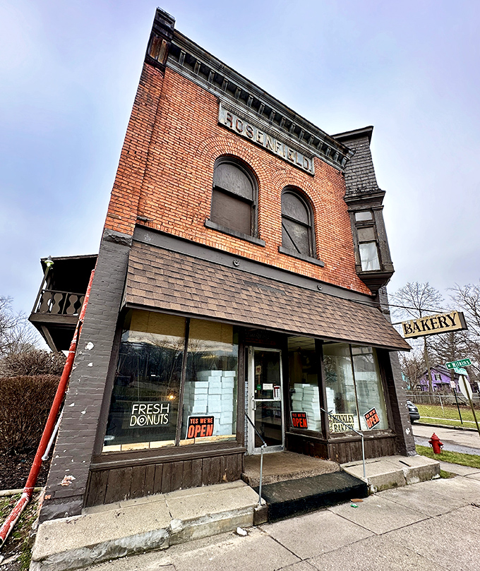 The historic brick facade of Hinkley Bakery stands proudly in Jackson, a time-honored temple to fried dough that's been tempting locals since 1913.