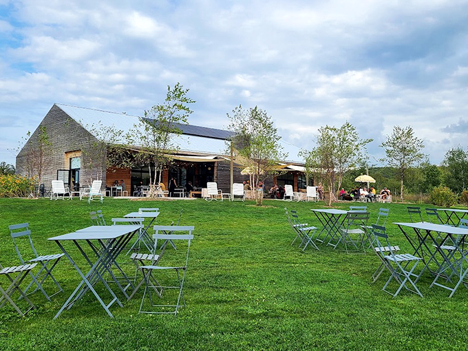 A modern rustic building nestled among green fields, where architecture meets agriculture in perfect harmony.