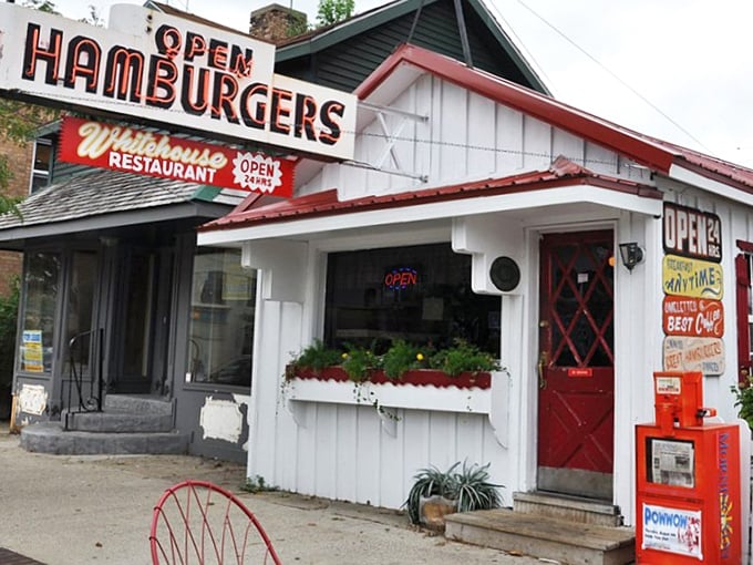 Exterior: The little white building with its vintage "OPEN HAMBURGERS" sign promises more than meets the eye &ndash; a Michigan dining institution hiding in plain sight.