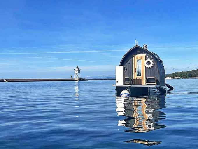 A wooden sanctuary adrift on Lake Superior's blue expanse, the floating sauna beckons with promises of steamy bliss and waterfront serenity.