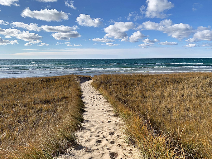 The path through coastal grasses beckons visitors toward Lake Michigan's sparkling waters at Flower Creek Dunes.
