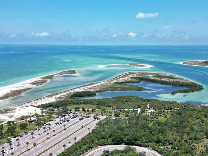 A breathtaking aerial view of Fort De Soto Park, where five islands create a patchwork of turquoise waters and white sand beaches that would make a Caribbean resort jealous.