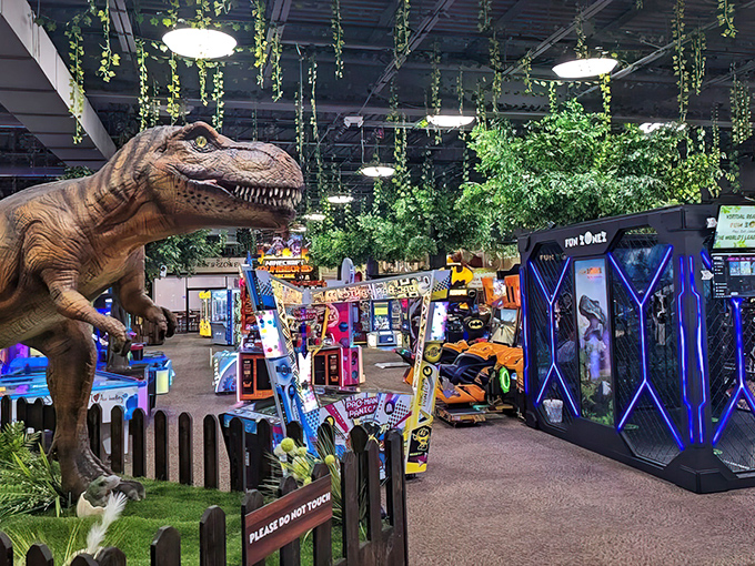 Welcome to prehistoric paradise! Fun ZoneZ's entrance features a towering T-Rex that stands guard over a kingdom of arcade delights and jungle-themed play areas.