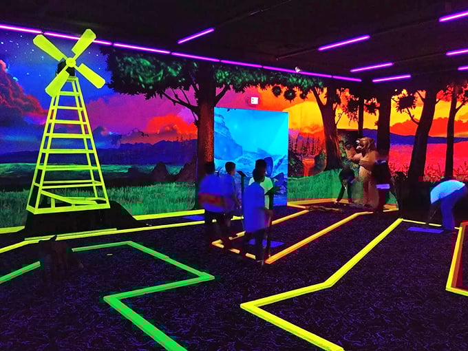 Step into a psychedelic dreamscape where neon windmills and glowing pathways transform mini-golf into an otherworldly adventure.