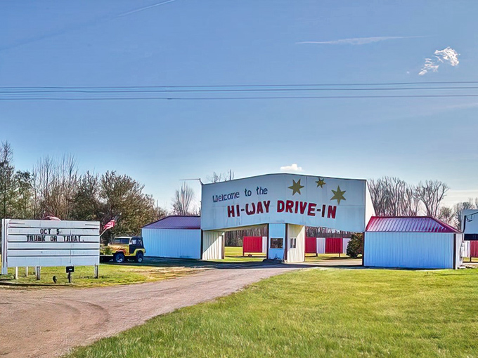 The iconic entrance to the Hi-Way Drive-In stands as a proud sentinel of cinema history, welcoming movie lovers with its vintage charm and starry promise.