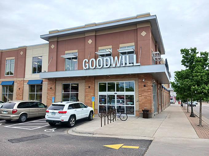 The modern Goodwill building stands proudly at University and Griggs in St. Paul, inviting treasure hunters with its promise of unexpected finds.