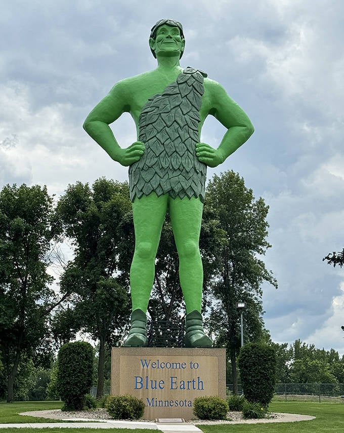 The Jolly Green Giant towers 55 feet above Blue Earth, Minnesota, his leafy outfit and confident stance visible for miles around Interstate 90.
