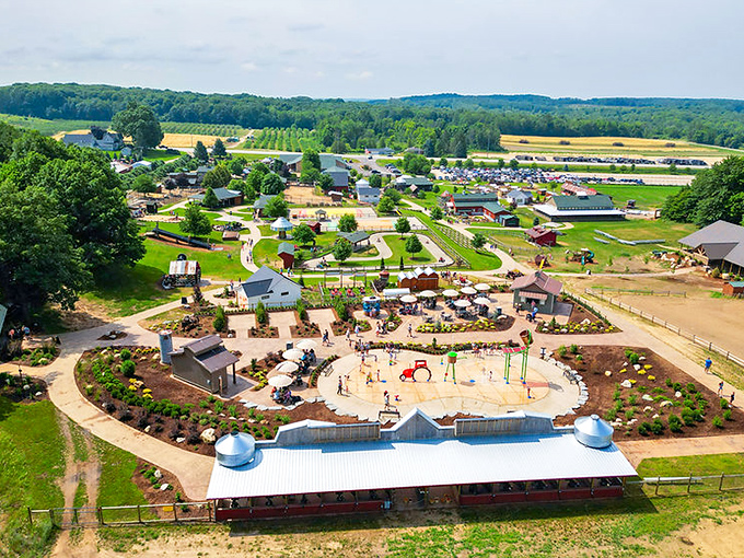 A bird's-eye view reveals Lewis Adventure Farm & Zoo's sprawling wonderland, where rural charm meets exotic adventure in Michigan's countryside.