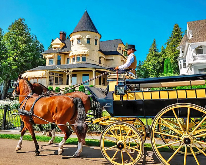 Victorian elegance meets equine power as a carriage glides past the island's iconic architecture, where turrets and gables whisper stories of bygone summers.