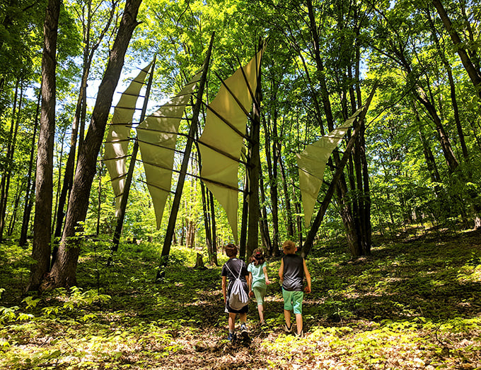 The welcoming entrance to Michigan Legacy Art Park invites visitors into a world where creativity and nature become perfect dance partners.