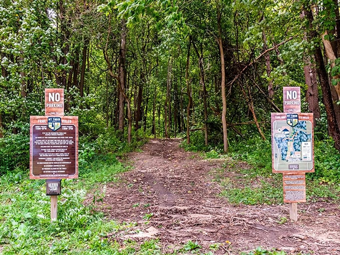 The entrance to Mt. Tabor Trails welcomes hikers with a promise of adventure, where forest paths lead to vineyard vistas and wine-tasting delights.