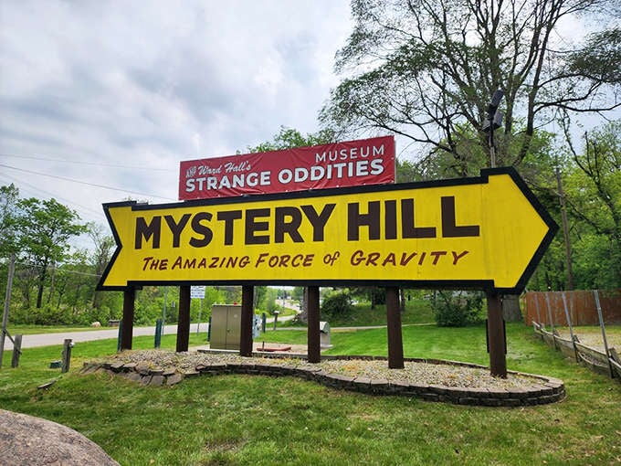 That yellow arrow isn't just pointing to Mystery Hill, it's pointing to the exact spot where your brain will start questioning everything it thought it knew about standing upright.