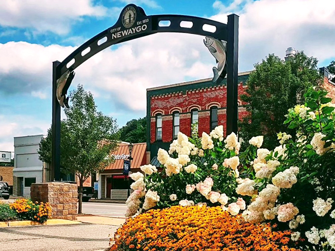 Newaygo welcomes visitors with its iconic arch, where metal fish leap eternally and colorful flowers frame the entrance to this charming riverside town.