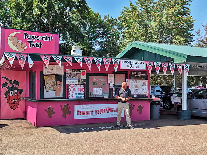 The iconic pink exterior of Peppermint Twist stands out like a cheerful beacon, promising sweet memories and even sweeter treats.