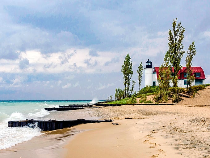 A perfect Michigan postcard: Point Betsie's white tower and red roof stand sentinel against Lake Michigan's moody blues.