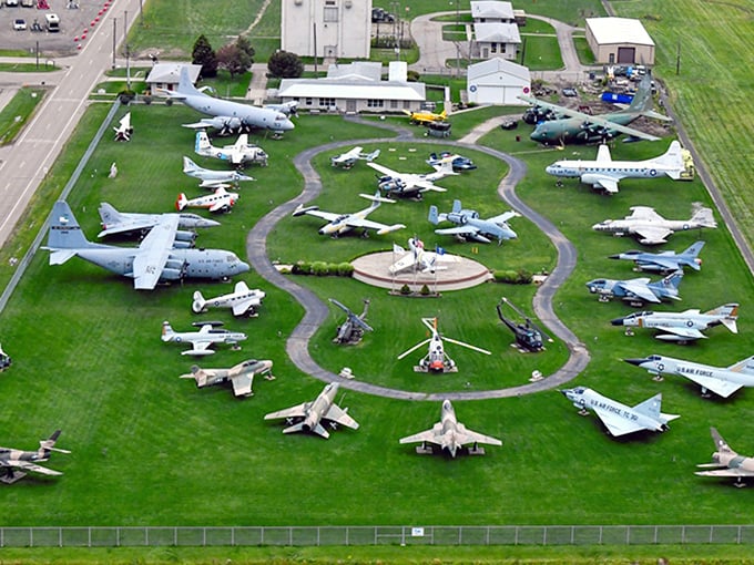 A bird's-eye view reveals Selfridge's impressive collection, where aviation history forms a perfect circle of mechanical marvels on Michigan's greenest runway.