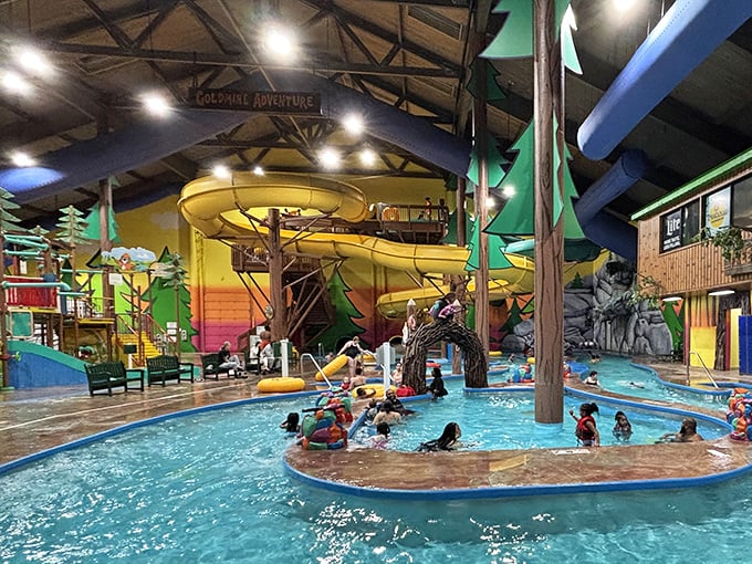 Splash Universe's main pool area buzzes with activity as families escape Michigan's winter for this tropical indoor paradise.
