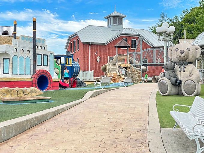 A whimsical wonderland where giant teddy bears and colorful trains invite little explorers to embark on adventures beyond imagination.
