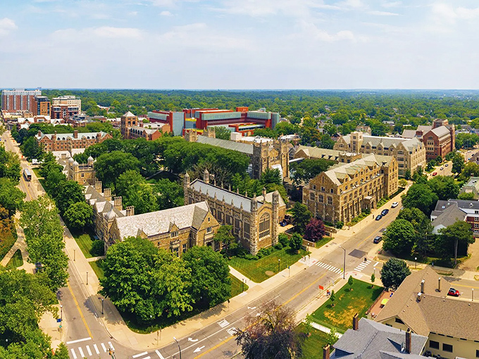 Ann Arbor's skyline showcases the perfect blend of historic architecture and modern development, with lush greenery creating nature's perfect frame around this vibrant university town.