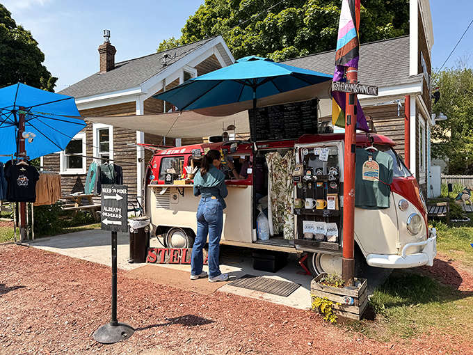That vintage VW bus isn't just for show, it's a fully functioning coffee bar serving some of Michigan's finest brews with serious retro flair.