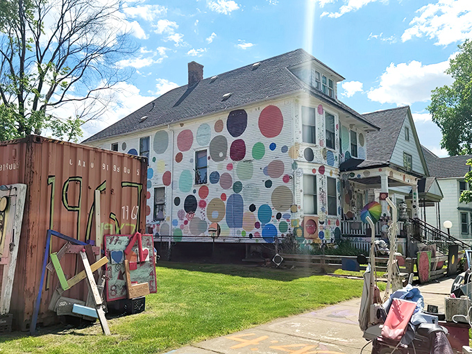 A polka-dotted house stands defiantly colorful against Detroit's sky, like a child's crayon drawing come gloriously to life.