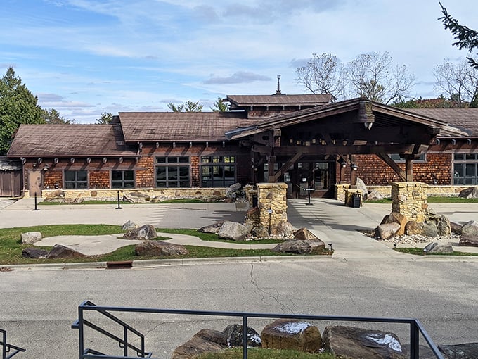 Rustic charm meets architectural wonder at The House on the Rock's entrance, where Wisconsin's most bizarre adventure begins.