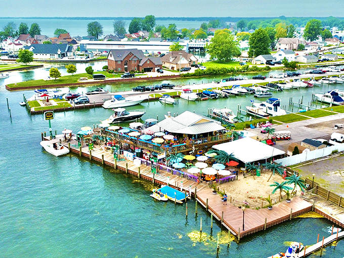 A bird's-eye view of paradise found! The Island Grill Clubhouse stretches into Lake St. Clair like a colorful invitation to escape the ordinary.
