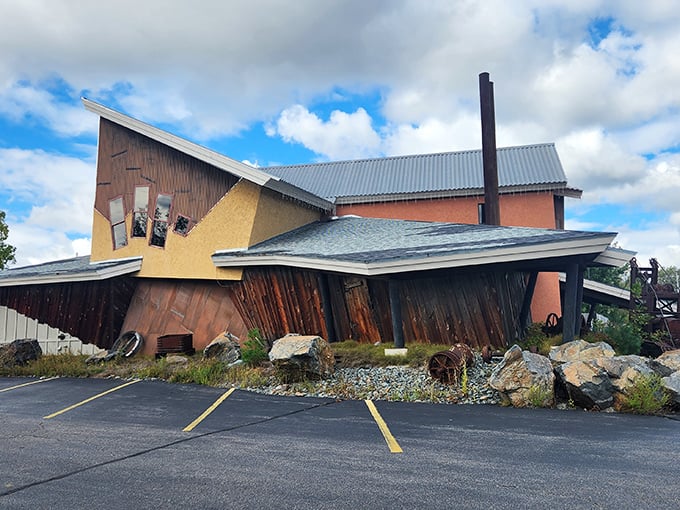 The tilted architecture of Wausau Mine Company looks like it's sliding into the earth &ndash; dinner with a side of geological drama!