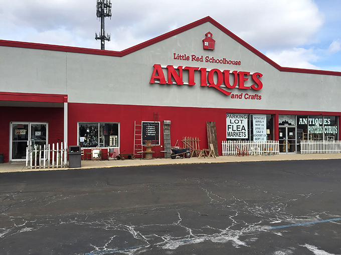 The iconic red and white exterior of Little Red Schoolhouse stands proudly in Lansing, beckoning treasure hunters with its nostalgic charm.