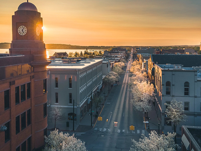 Traverse City's iconic clock tower stands sentinel over downtown as cherry blossoms frame streets that practically beg you to explore them.