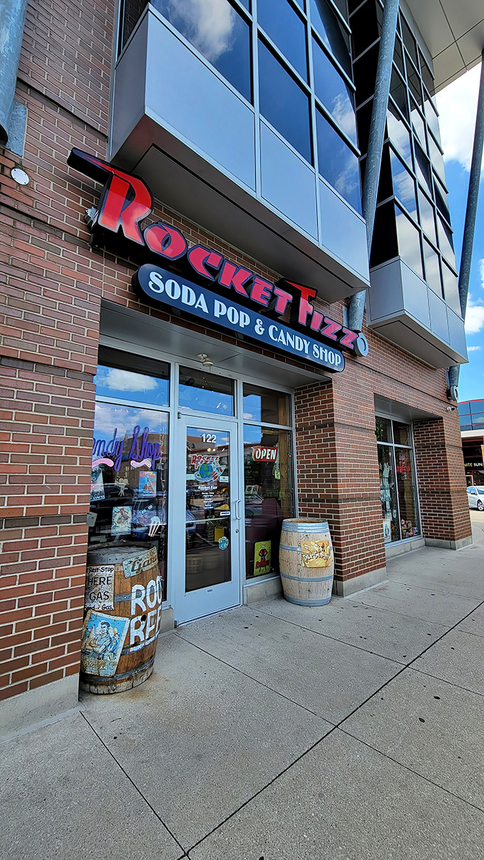 The iconic Rocket Fizz storefront beckons sugar enthusiasts with its vibrant red signage, promising a journey into carbonated wonderland that your inner child can't resist.