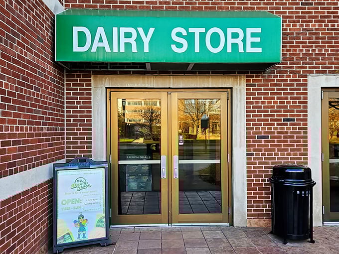 The iconic green "DAIRY STORE" sign welcomes visitors to this unassuming temple of frozen delights on MSU's campus.