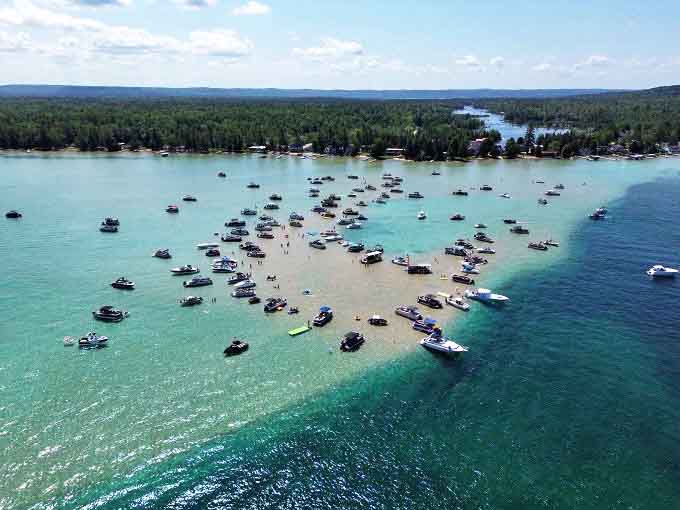 Torch Lake's famous sandbar gathers boaters like a floating neighborhood block party, where the Caribbean-blue waters make you forget you're in Michigan.