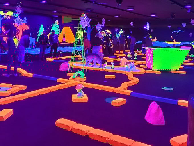 Step into a psychedelic wonderland where mini-golf meets Tron – UPutt's blacklight course transforms putting into pure magic.