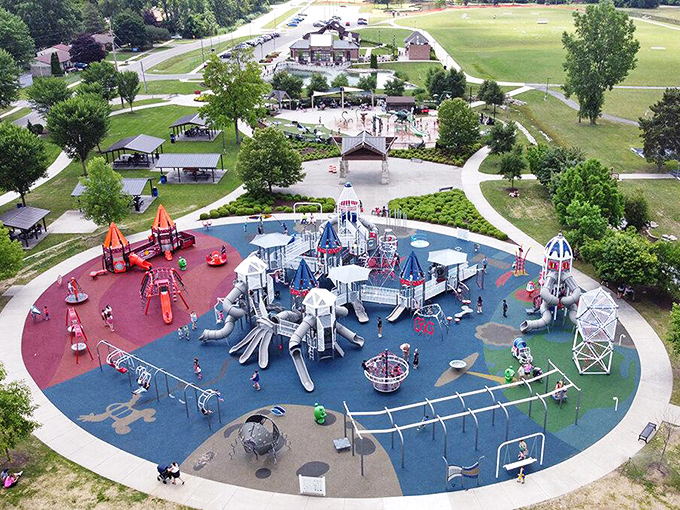 Aerial view of Hattah Park showcasing its sprawling 10-acre wonderland where childhood fantasies come to life in Westland, Michigan.