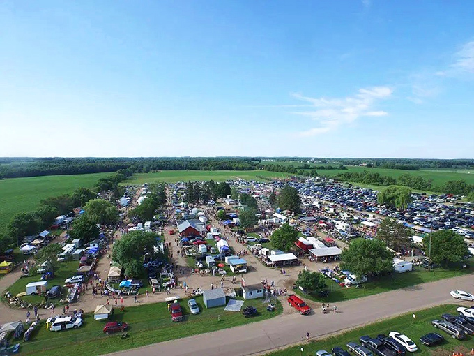 Aerial view of the Wright County Swappers Meet &ndash; a treasure hunter's paradise sprawling across 11 acres of Minnesota countryside.