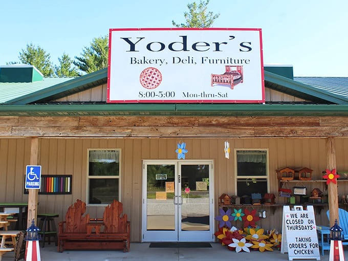 The welcoming facade of Yoder's beckons with rustic charm and colorful Adirondack chairs &ndash; a first hint that this isn't your average grocery stop.