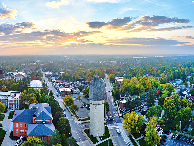 Ypsilanti's iconic water tower stands tall against a sunset sky, a beacon of local pride and the subject of countless anatomical jokes.