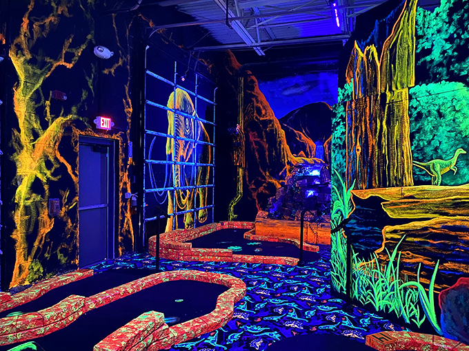 Step into a psychedelic underwater dreamscape where neon corals and glowing sea creatures transform mini-golf into an otherworldly adventure.