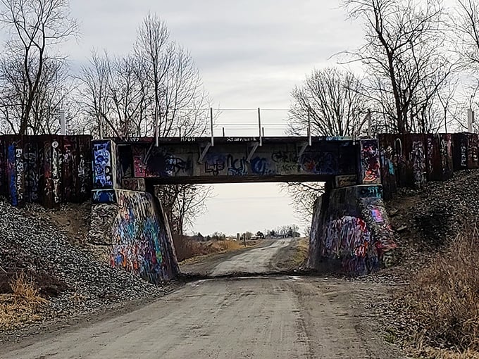 The approach to Graffiti Bridge reveals its colorful facade against Michigan's rural landscape, an unexpected art gallery hiding in plain sight.